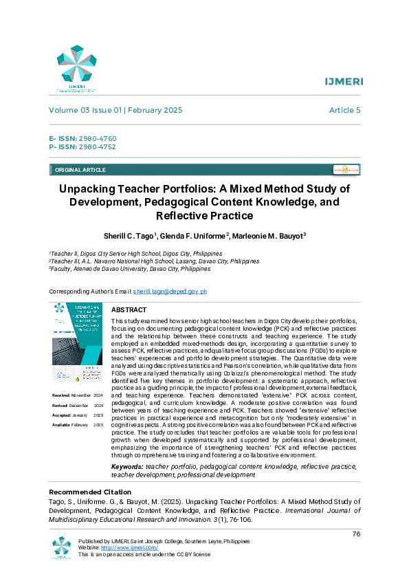 (PDF) Unpacking Teacher Portfolios: A Mixed Method Study of Development, Pedagogical Content ...