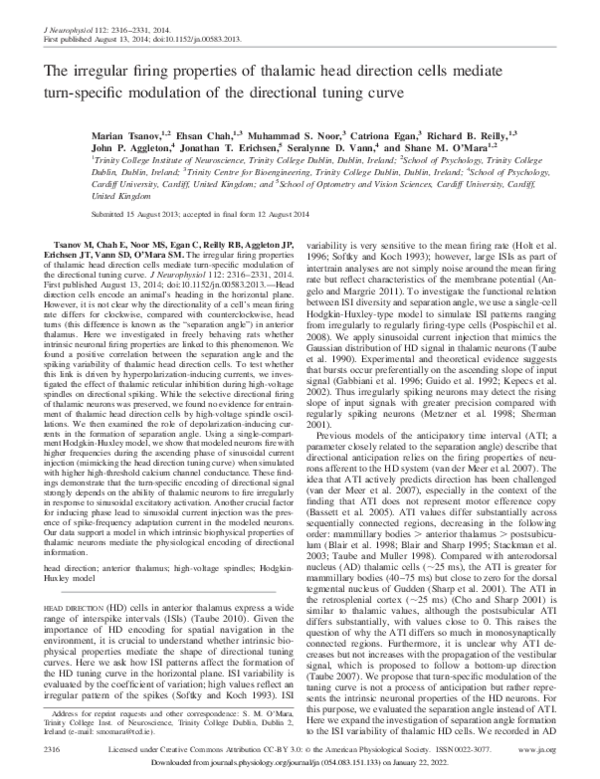 (PDF) The irregular firing properties of thalamic head direction cells ...