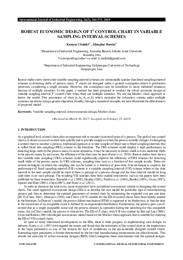 Robust Economic Design Of T 2 Control Chart In Variable Sampling Interval Schemes