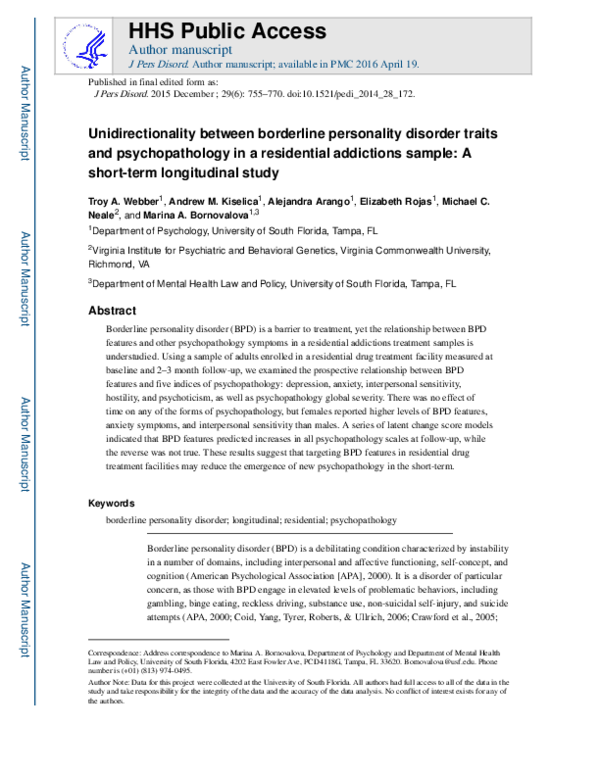 Unidirectionality Between Borderline Personality Disorder Traits and ...