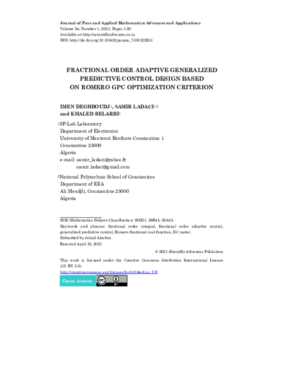 (PDF) Fractional Order Adaptive Generalized Predictive Control Design Based on Romero GPC ...