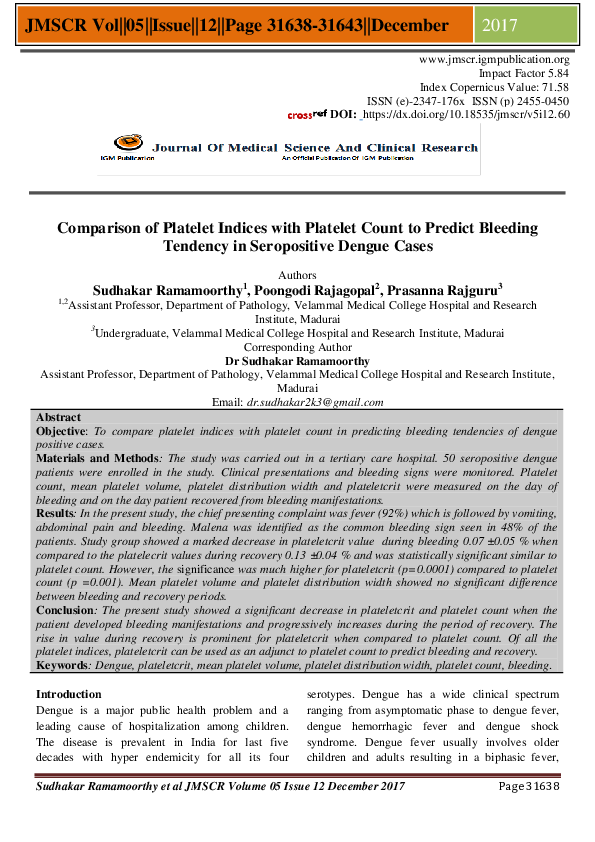 (PDF) Comparison of Platelet Indices with Platelet Count to Predict ...