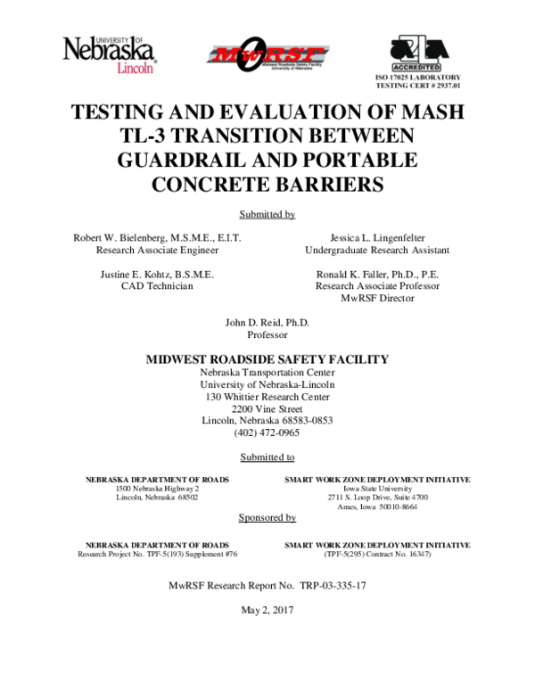 (PDF) Testing and Evaluation of MASH TL-3 Transition Between Guardrail ...