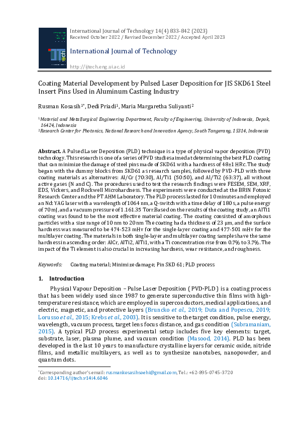 (PDF) Coating Material Development by Pulsed Laser Deposition for JIS ...