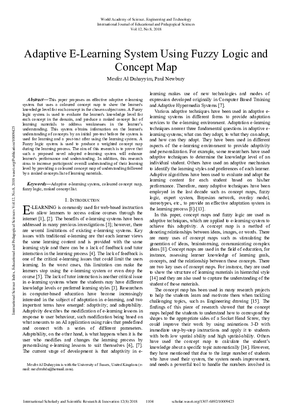 (PDF) Adaptive E-Learning System Using Fuzzy Logic and Concept Map