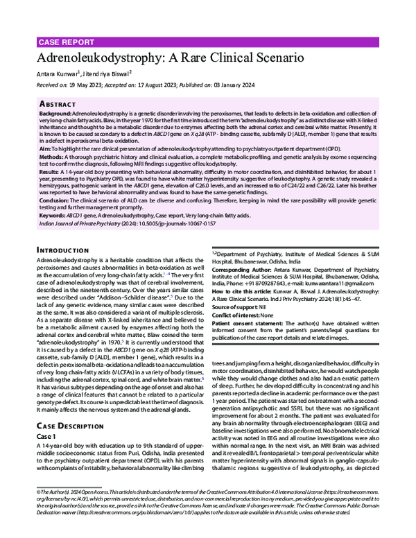 (PDF) Adrenoleukodystrophy: A Rare Clinical Scenario