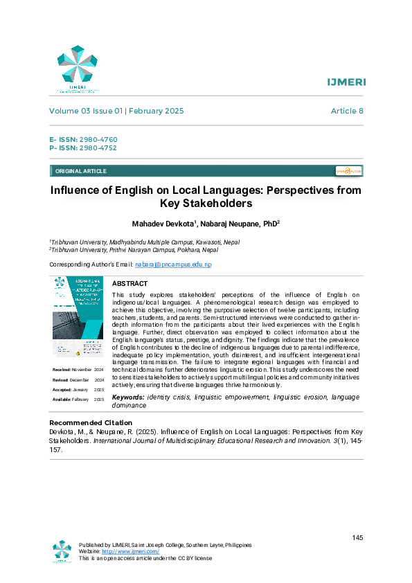 (PDF) Influence of English on Local Languages: Perspectives from Key ...