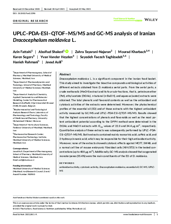 (PDF) UPLC–PDA‐ESI–QTOF–MS/MS and GC‐MS analysis of Iranian Dracocephalum moldavica L