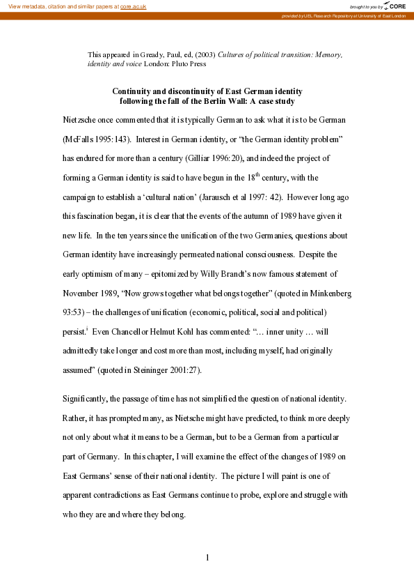 (PDF) Continuity and Discontinuity of East German Identity Following ...