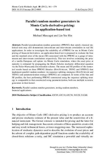 Parallel random number generators in Monte Carlo derivative pricing: An ...