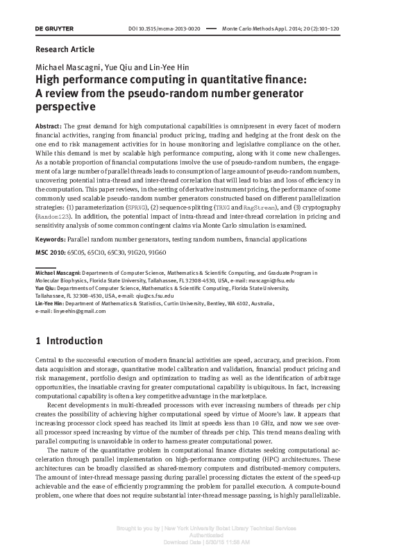 (PDF) High performance computing in quantitative finance: A review from the pseudo-random number ...