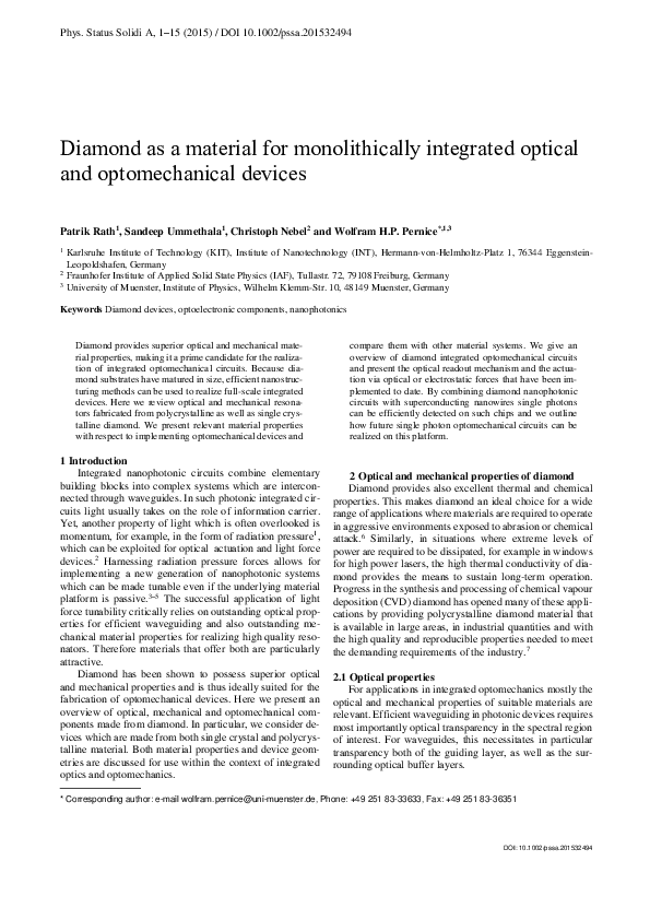 (PDF) Diamond as a material for monolithically integrated optical and ...