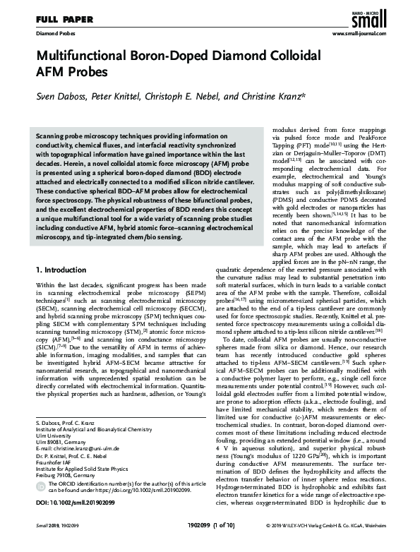 (PDF) Multifunctional Boron‐Doped Diamond Colloidal AFM Probes