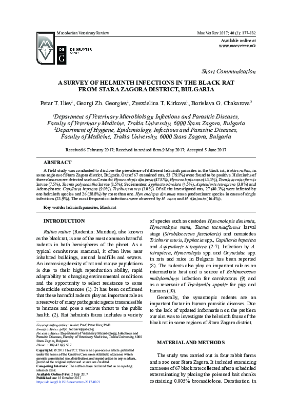 A Survey of Helminth Infections in the Black Rat from Stara Zagora ...