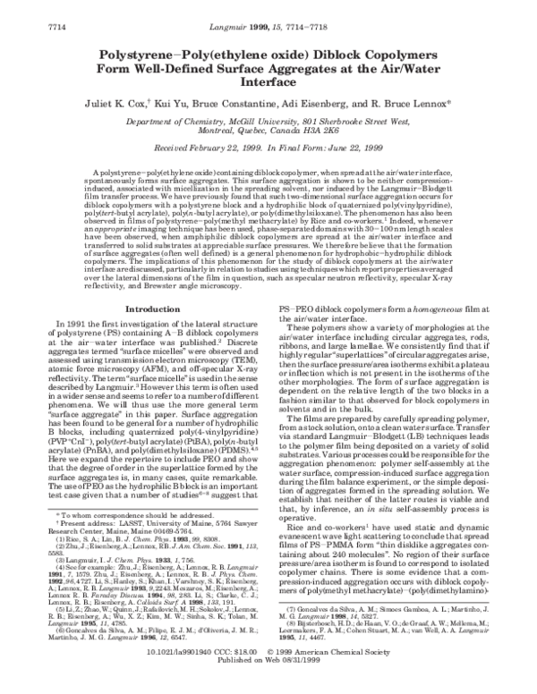 (PDF) Polystyrene−Poly(ethylene oxide) Diblock Copolymers Form Well ...