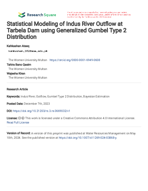 (PDF) Statistical Modeling of Indus River Outflow at Tarbela Dam using ...
