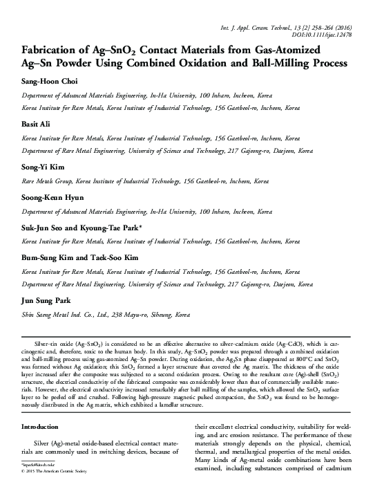 (PDF) Fabrication of Ag–SnO2 Contact Materials from Gas‐Atomized Ag–Sn ...