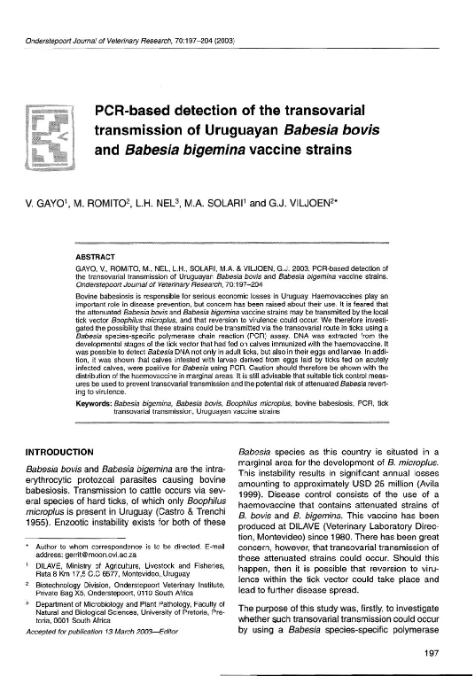 (PDF) PCR-based detection of the transovarial transmission of Uruguayan Babesia bovis and ...