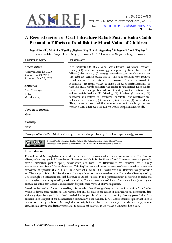 (PDF) A Reconstruction of Oral Literature Rabab Pasisia Kaba Gadih ...