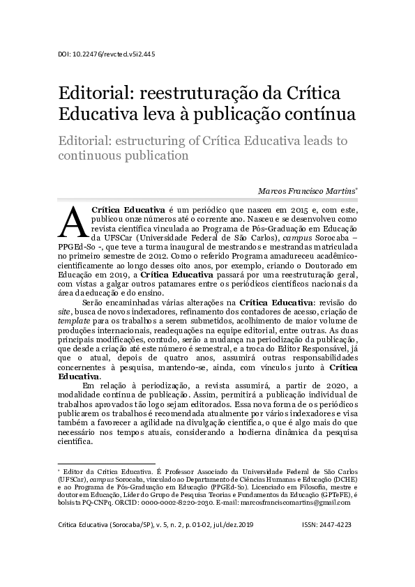 (PDF) Editorial: reestruturação da Crítica Educativa leva à publicação ...