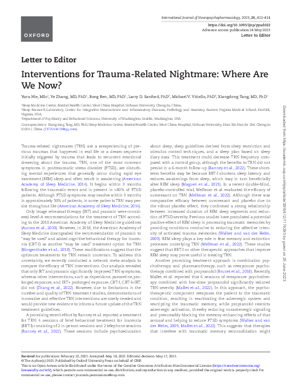 (PDF) Interventions for Trauma-Related Nightmare: Where Are We Now?