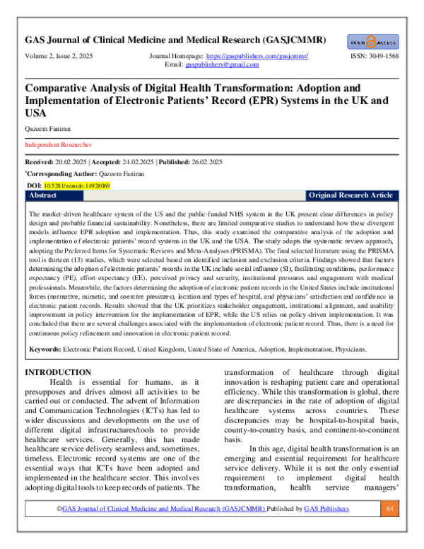 (PDF) Comparative Analysis of Digital Health Transformation: Adoption and Implementation of ...