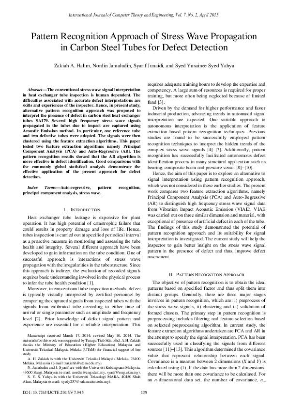 Pattern Recognition Approach of Stress Wave Propagation in Carbon Steel Tubes for Defect Detection