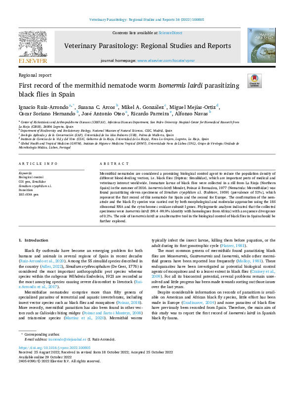 First record of the mermithid nematode worm Isomermis lairdi ...