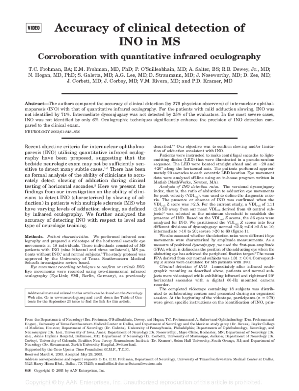 Accuracy of clinical detection of INO in MS: Corroboration with ...