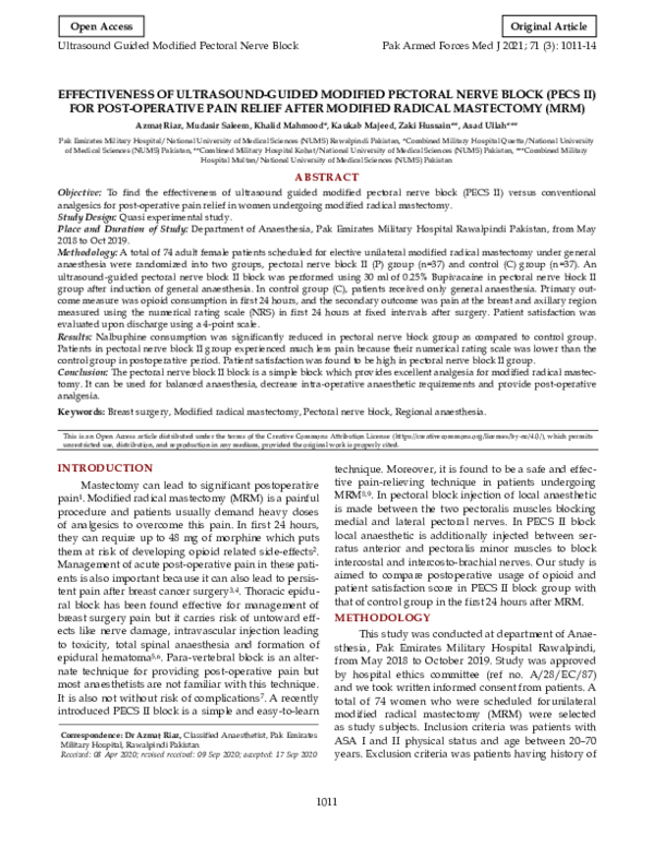 (PDF) Effectiveness of Ultrasound-Guided Modified Pectoral Nerve Block (Pecs II) for Post ...