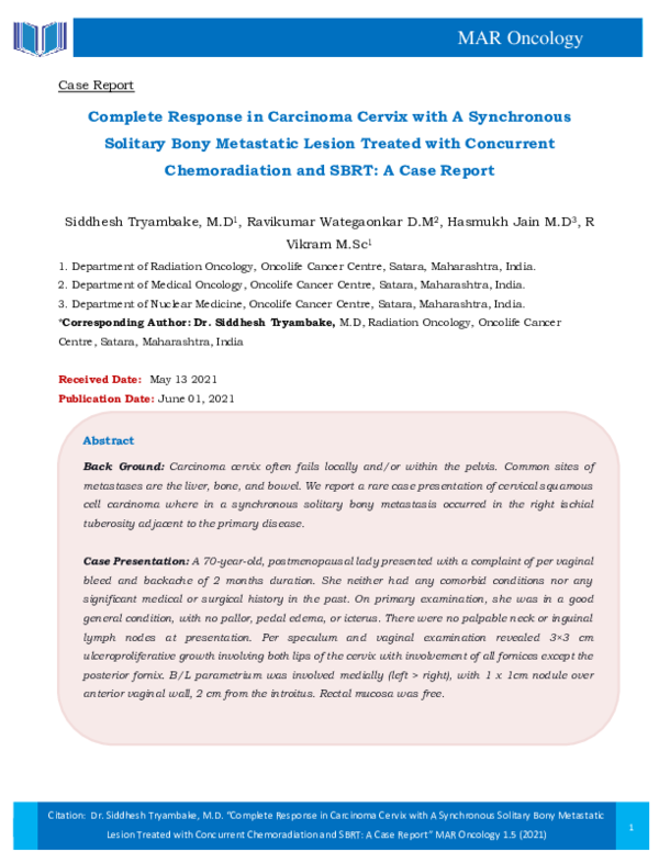 (PDF) Complete Response in Carcinoma Cervix with A Synchronous Solitary ...