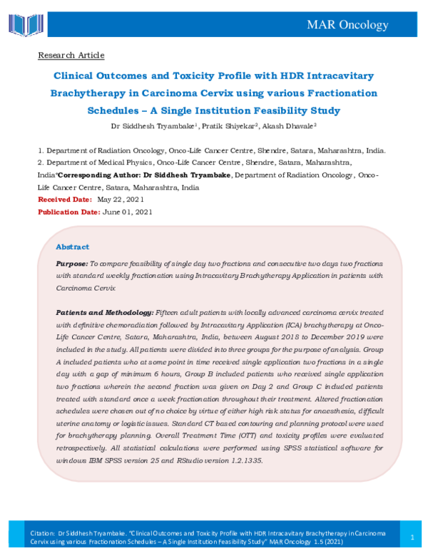 (PDF) Clinical Outcomes and Toxicity Profile with HDR Intracavitary ...