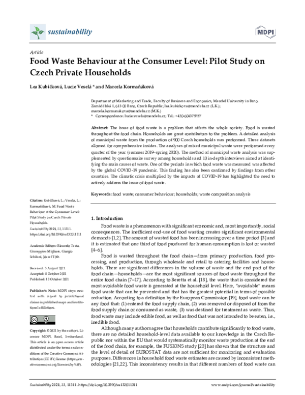 (PDF) Food Waste Behaviour at the Consumer Level: Pilot Study on Czech ...