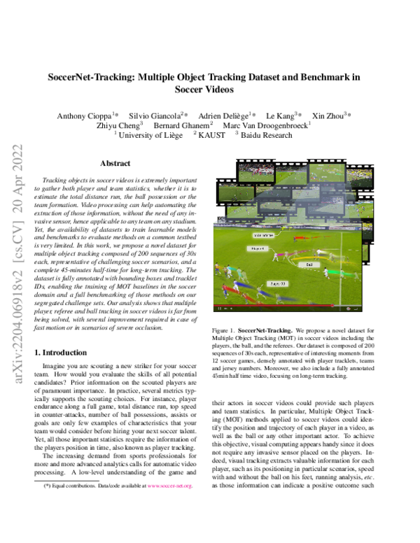 (PDF) SoccerNet-Tracking: Multiple Object Tracking Dataset and Benchmark in Soccer Videos
