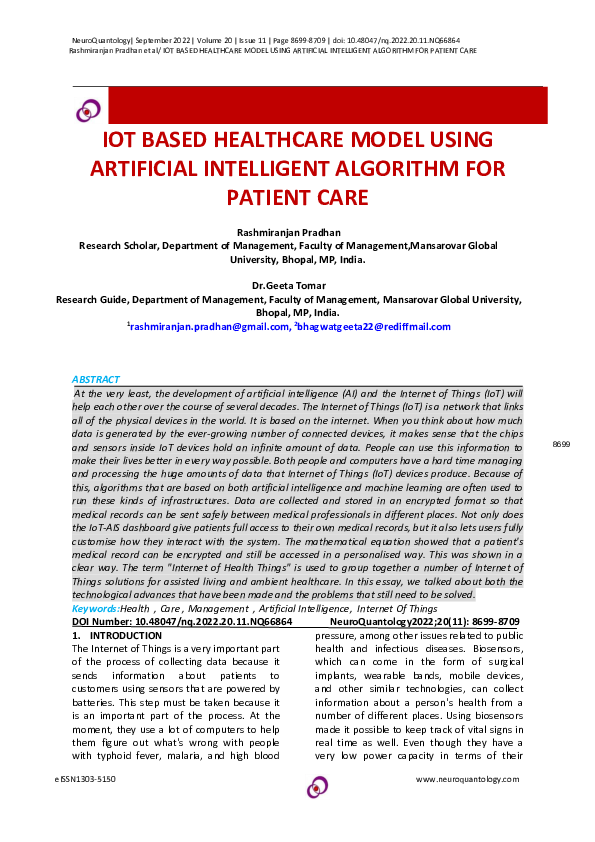 (PDF) IOT BASED HEALTHCARE MODEL USING ARTIFICIAL INTELLIGENT ALGORITHM ...