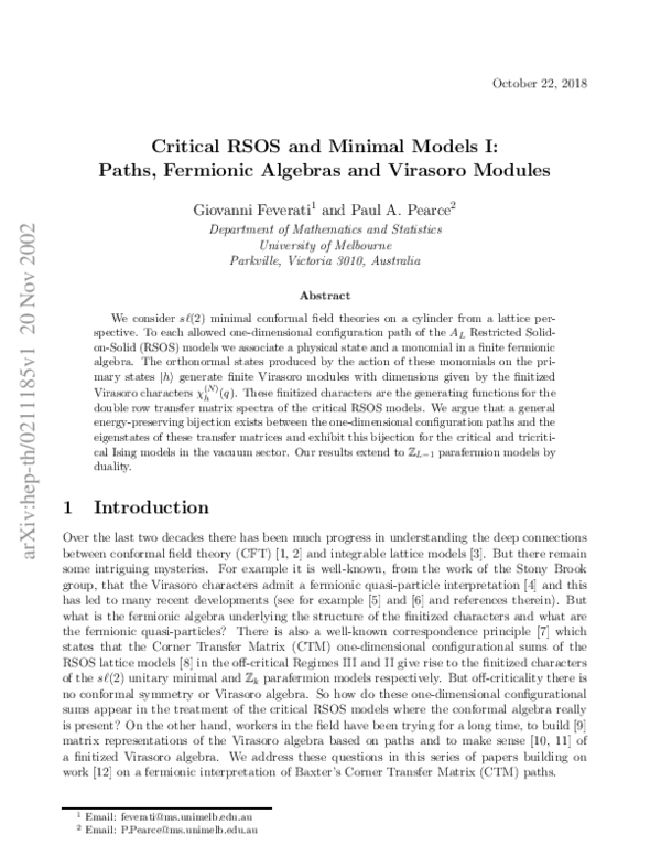 (PDF) Critical RSOS and minimal models: fermionic paths, Virasoro ...