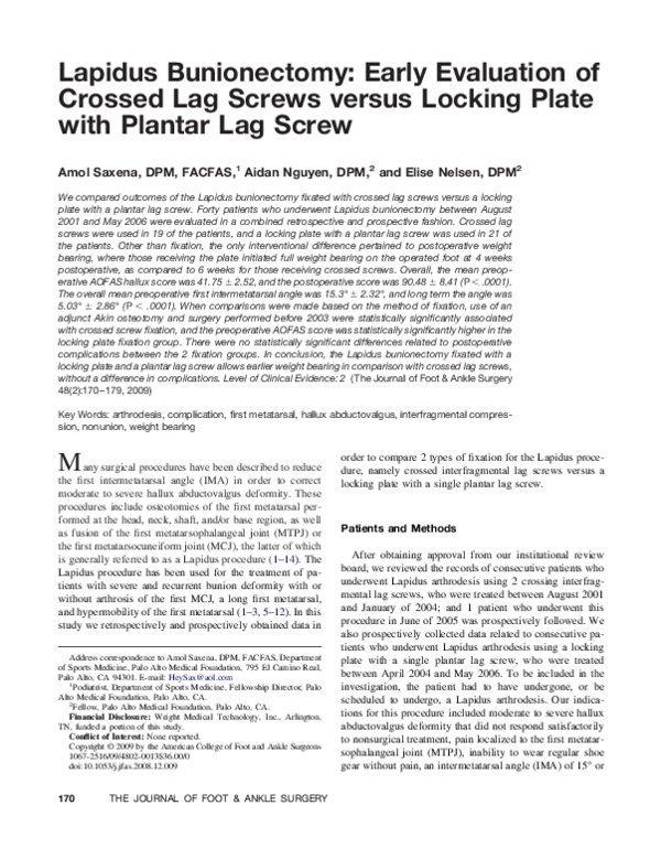 (PDF) Lapidus Bunionectomy: Early Evaluation of Crossed Lag Screws ...