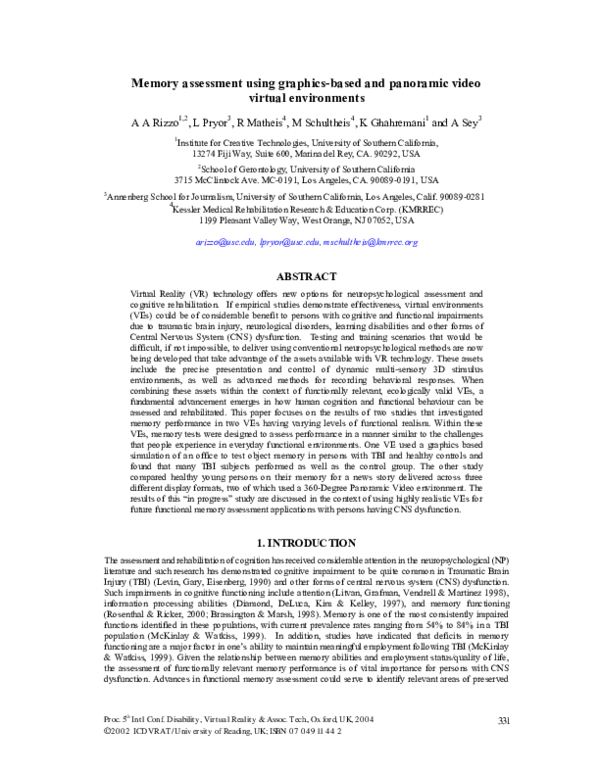 (PDF) Memory assessment using graphics-based and panoramic video virtual environments