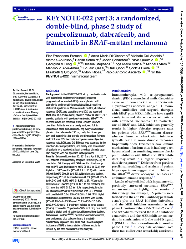 (PDF) KEYNOTE-022 part 3: a randomized, double-blind, phase 2 study of pembrolizumab, dabrafenib ...