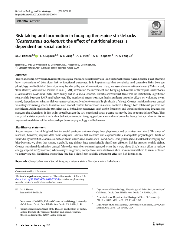Risk-taking and locomotion in foraging threespine sticklebacks ...
