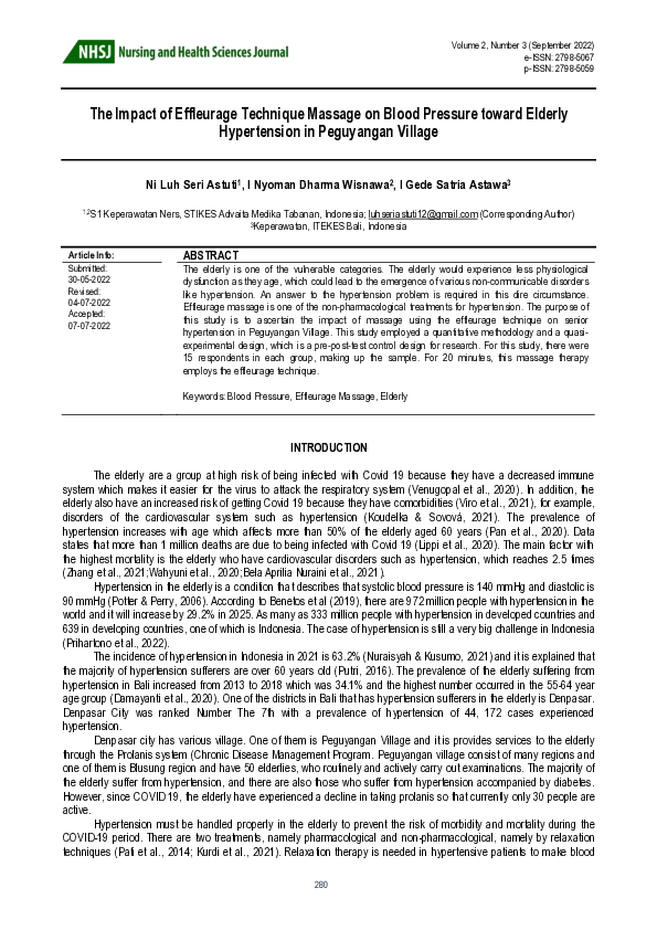 (PDF) The Impact of Effleurage Technique Massage on Blood Pressure ...