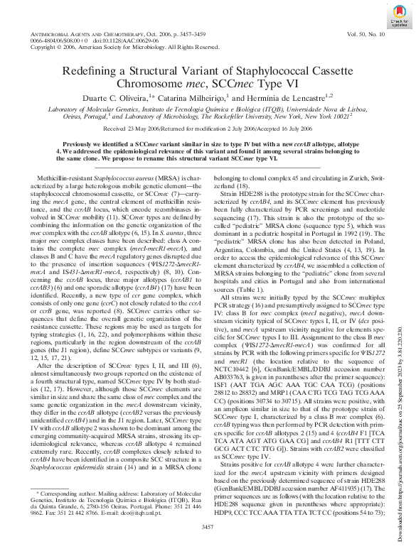 (PDF) Redefining a Structural Variant of Staphylococcal Cassette Chromosome mec , SCC mec Type VI
