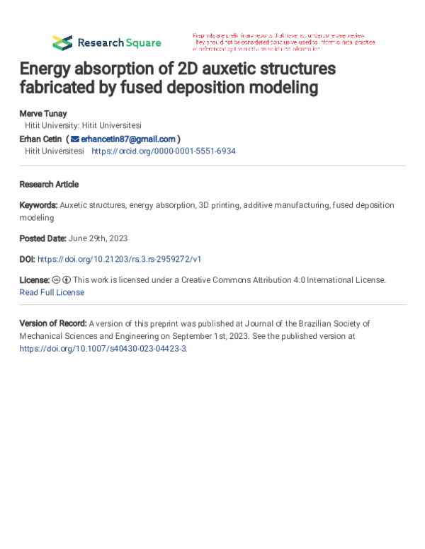 Energy absorption of 2D auxetic structures fabricated by fused ...