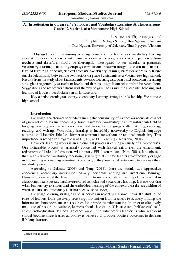 An Investigation into Learner’s Autonomy and Vocabulary Learning Strategies among Grade 12 ...