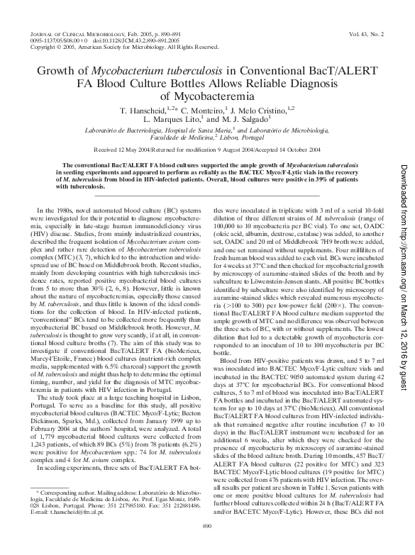 Growth of Mycobacterium tuberculosis in Conventional BacT/ALERT FA ...