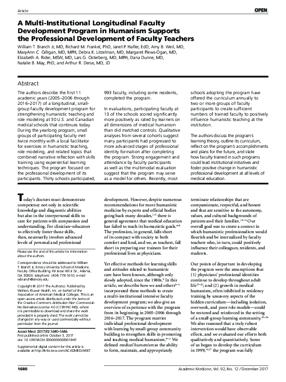 (PDF) A Multi-Institutional Longitudinal Faculty Development Program in Humanism Supports the ...