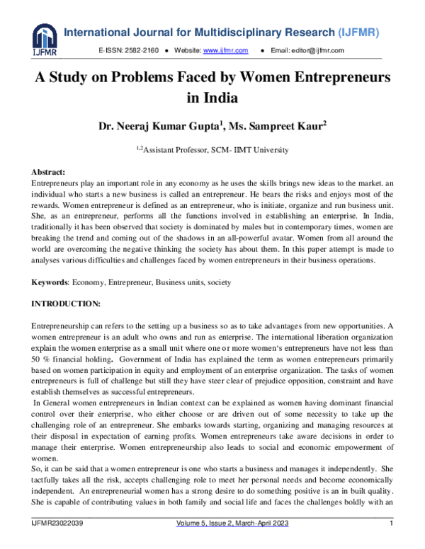 (PDF) A Study on Problems Faced by Women Entrepreneurs in India