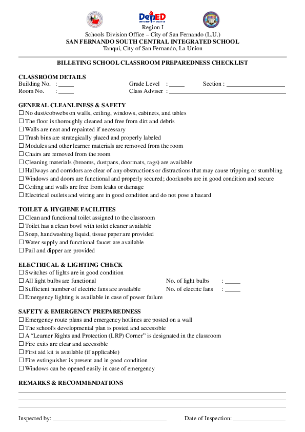 (PDF) Billeting School Classroom Preparedness Checklist