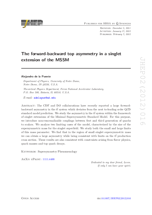 (PDF) The forward-backward top asymmetry in a singlet extension of the MSSM