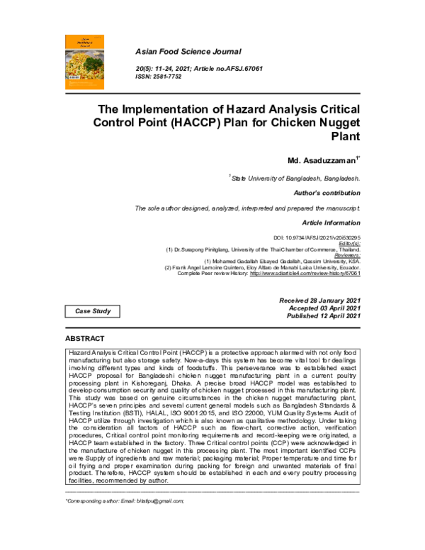 Haccp Plan For Chicken Nuggets